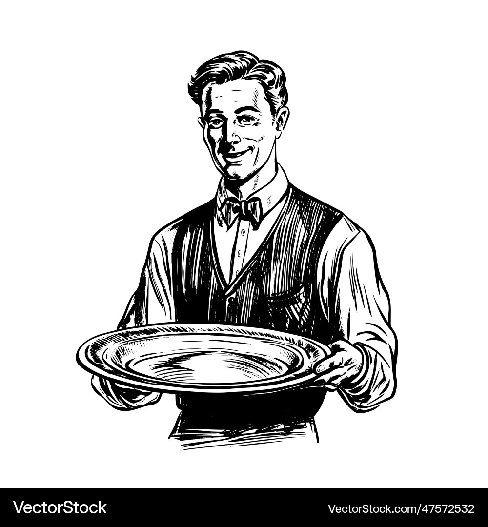 Waiter drawing isolated hand drawn engraved style Vector Image