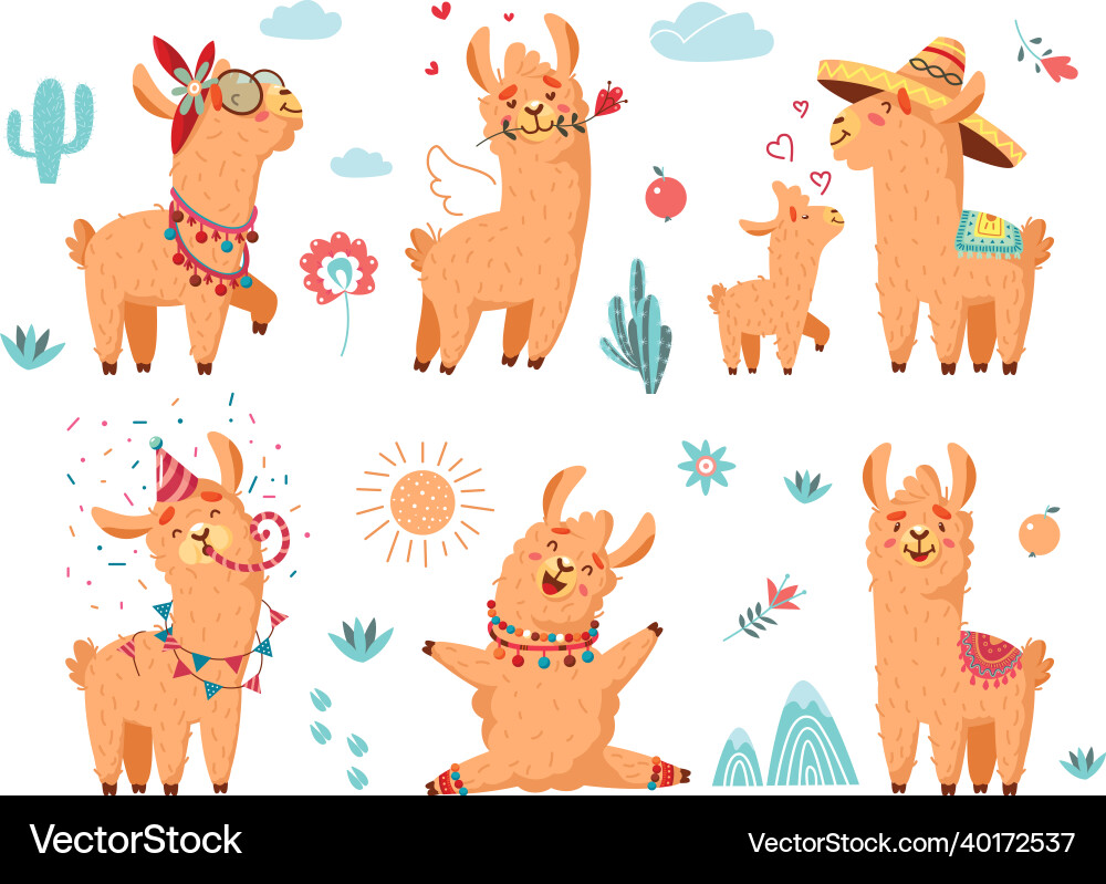 Cute llama alpaca characters wool cartoon Vector Image
