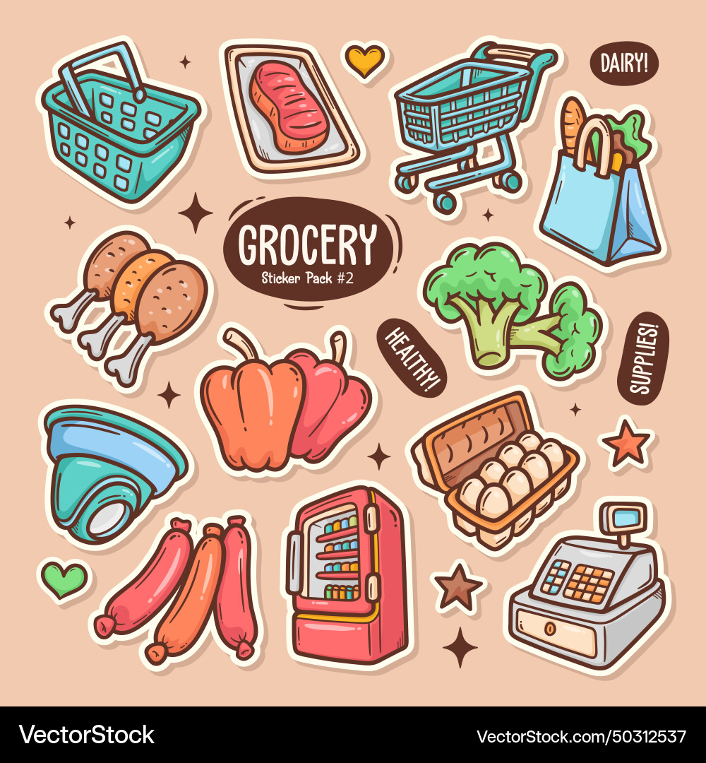 Grocery cute doodle sticker collection 2 Vector Image