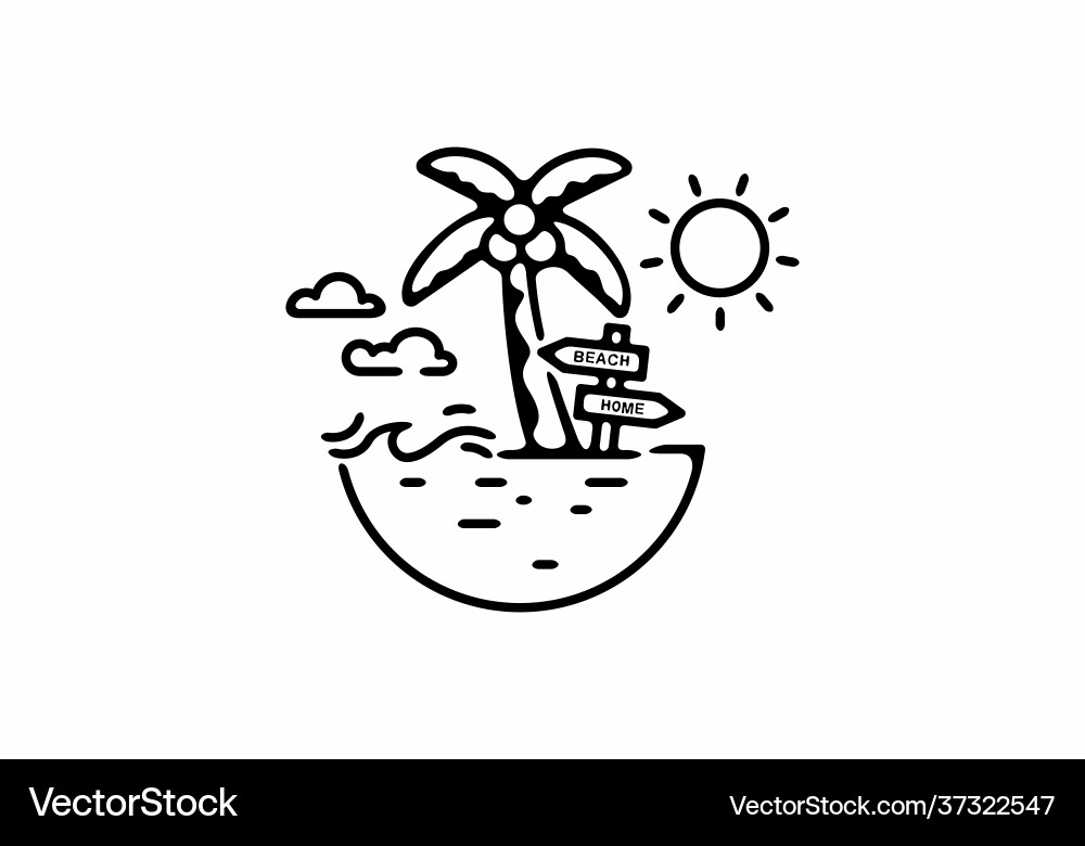 Black line art beach with coconut trees Royalty Free Vector