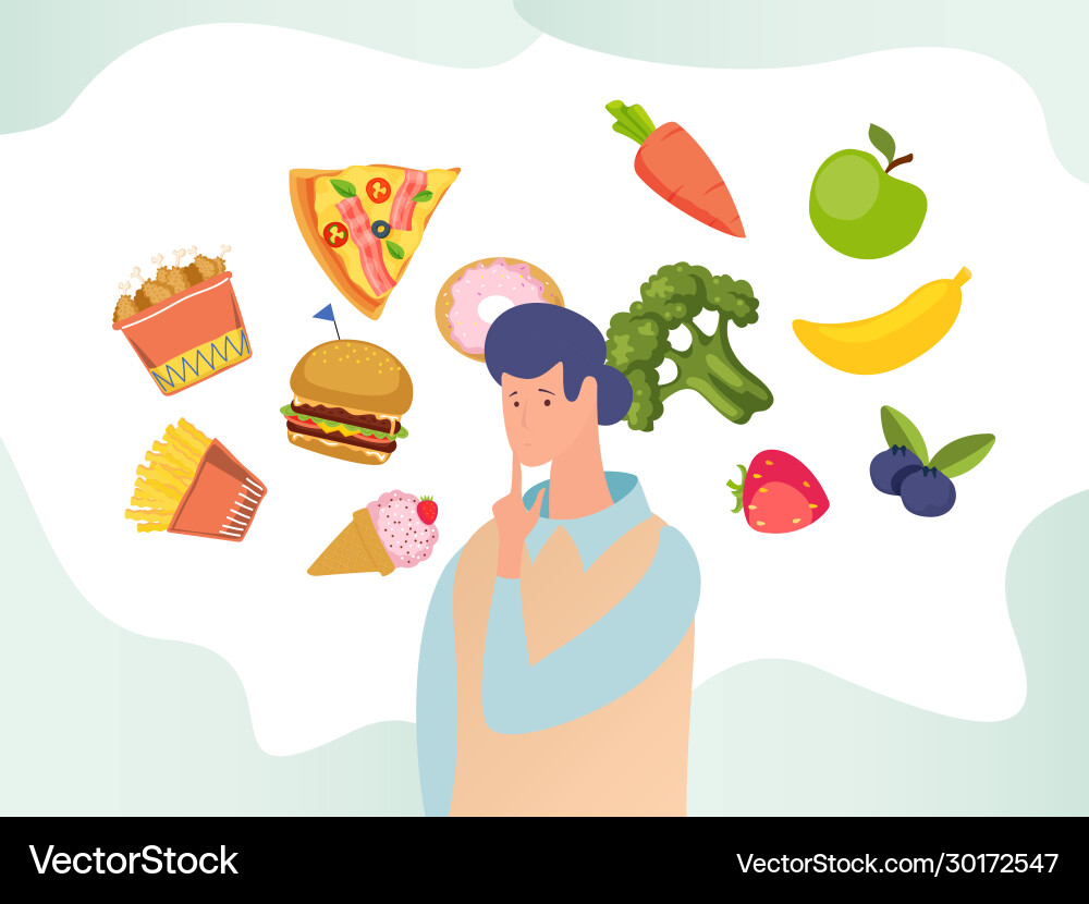 Cartoon young man making choice between healthy Vector Image