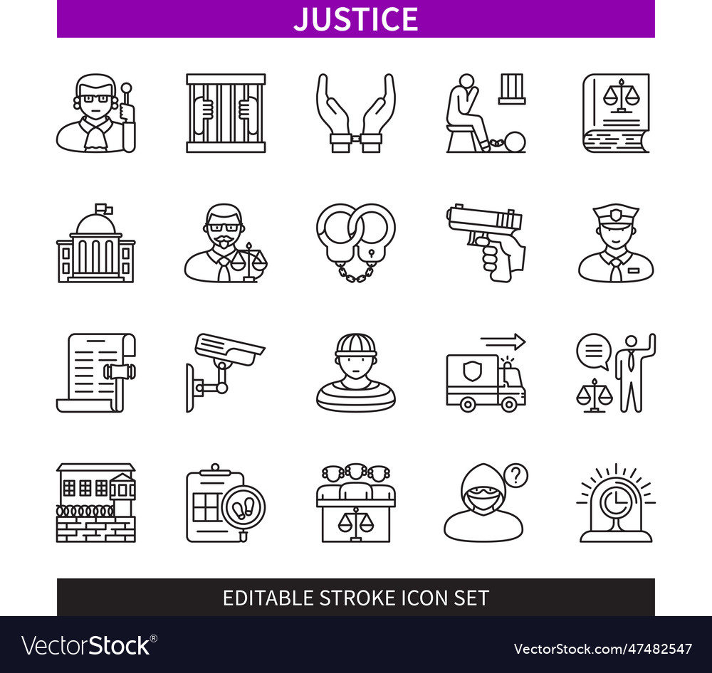 Justice editable stroke icon set Royalty Free Vector Image