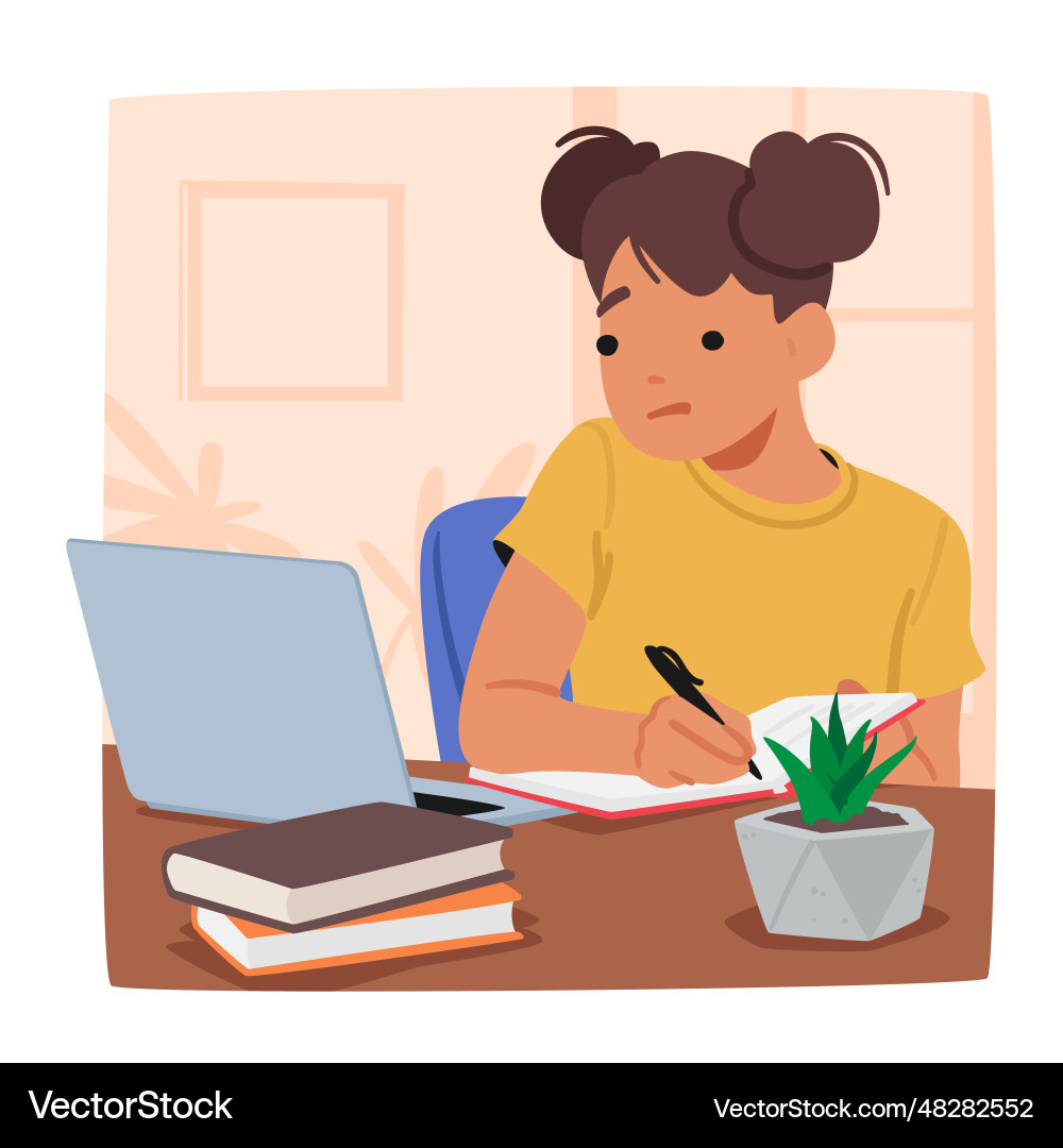 Focused girl character diligently completing her Vector Image