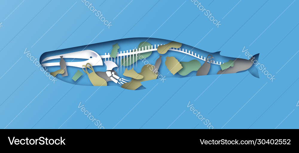 Paper cut whale skeleton x ray water pollution Vector Image