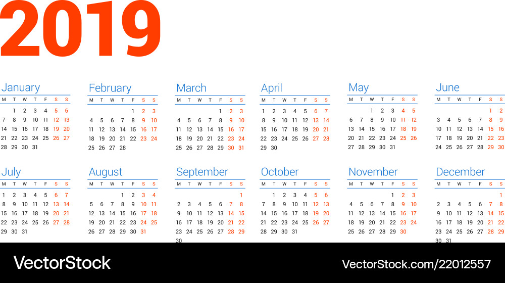 Calendar for 2019 year on white background week Vector Image