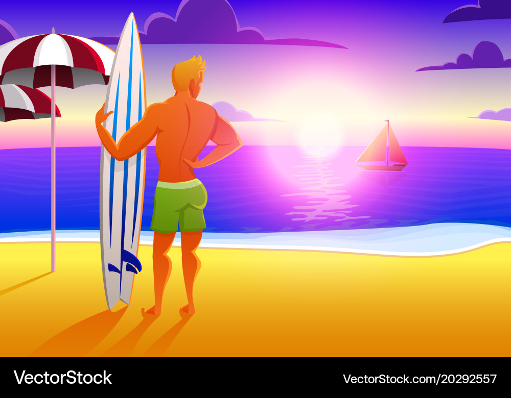 Surfer on ocean beach at sunset with surfboard Vector Image