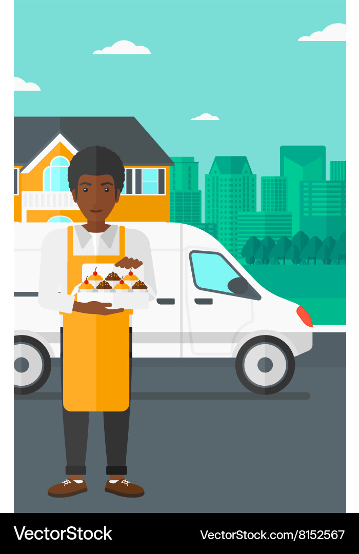 Baker holding box of cakes Royalty Free Vector Image