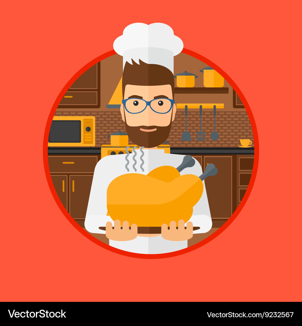 Chief cooker holding roasted chicken Royalty Free Vector