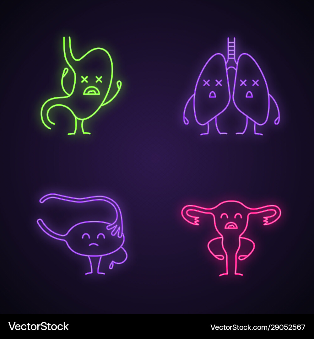 Sad human internal organs characters neon light Vector Image