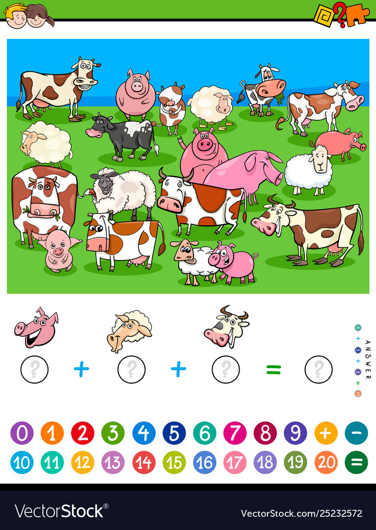 Counting and adding game with cartoon characters Vector Image