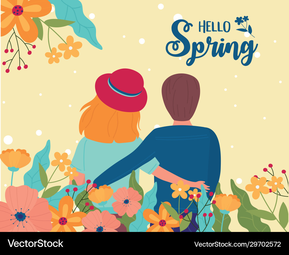 Hello spring couple character flowers nature Vector Image
