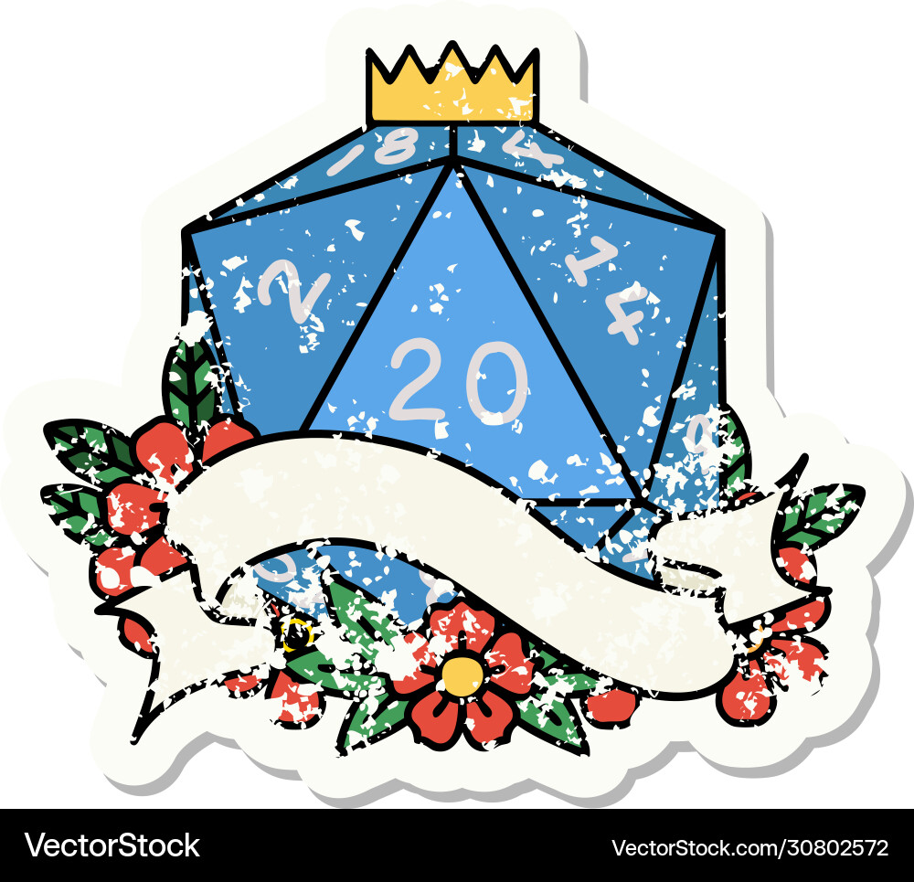 Natural twenty d20 dice roll grunge sticker Vector Image