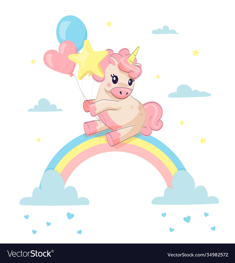 Unicorn on rainbow fairy tale character in sky Vector Image