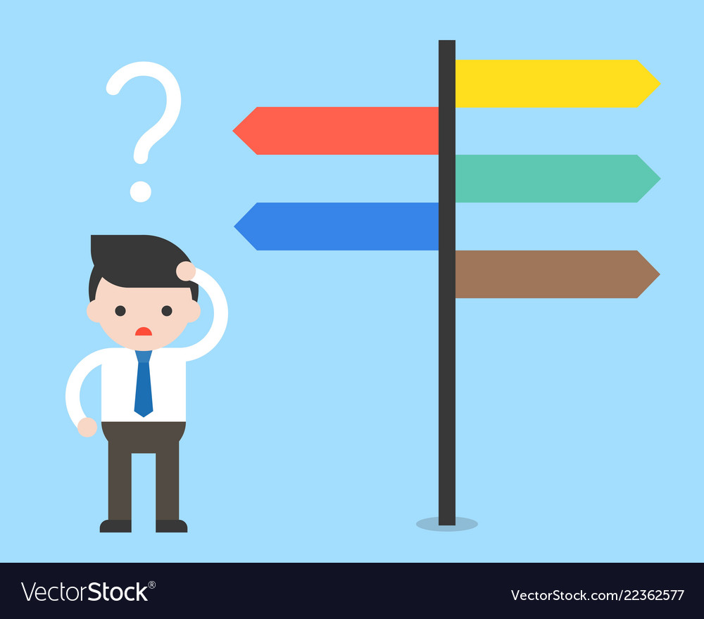Businessman Confused Direction Signs Choices Vector Image