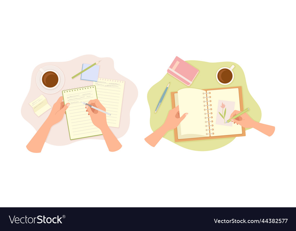 Hands writing something in notepad and drawing Vector Image