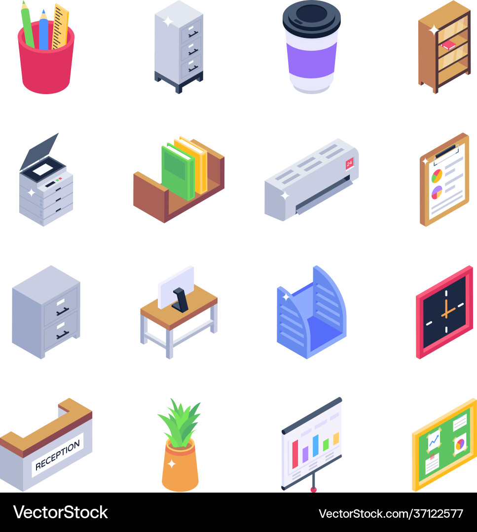Office supplies isometric icons pack Royalty Free Vector