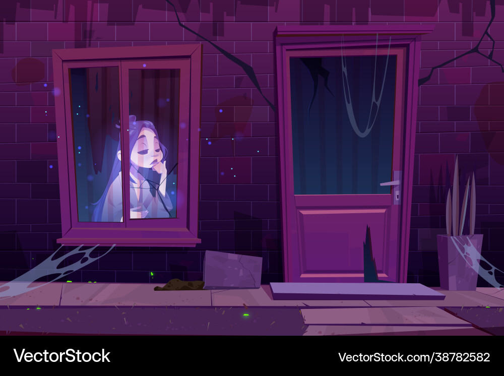 Haunted house with sad ghost sit behind window Vector Image