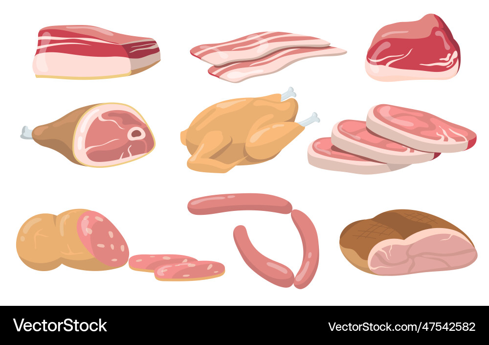 Pork beef and lamb raw meat flat item set Vector Image
