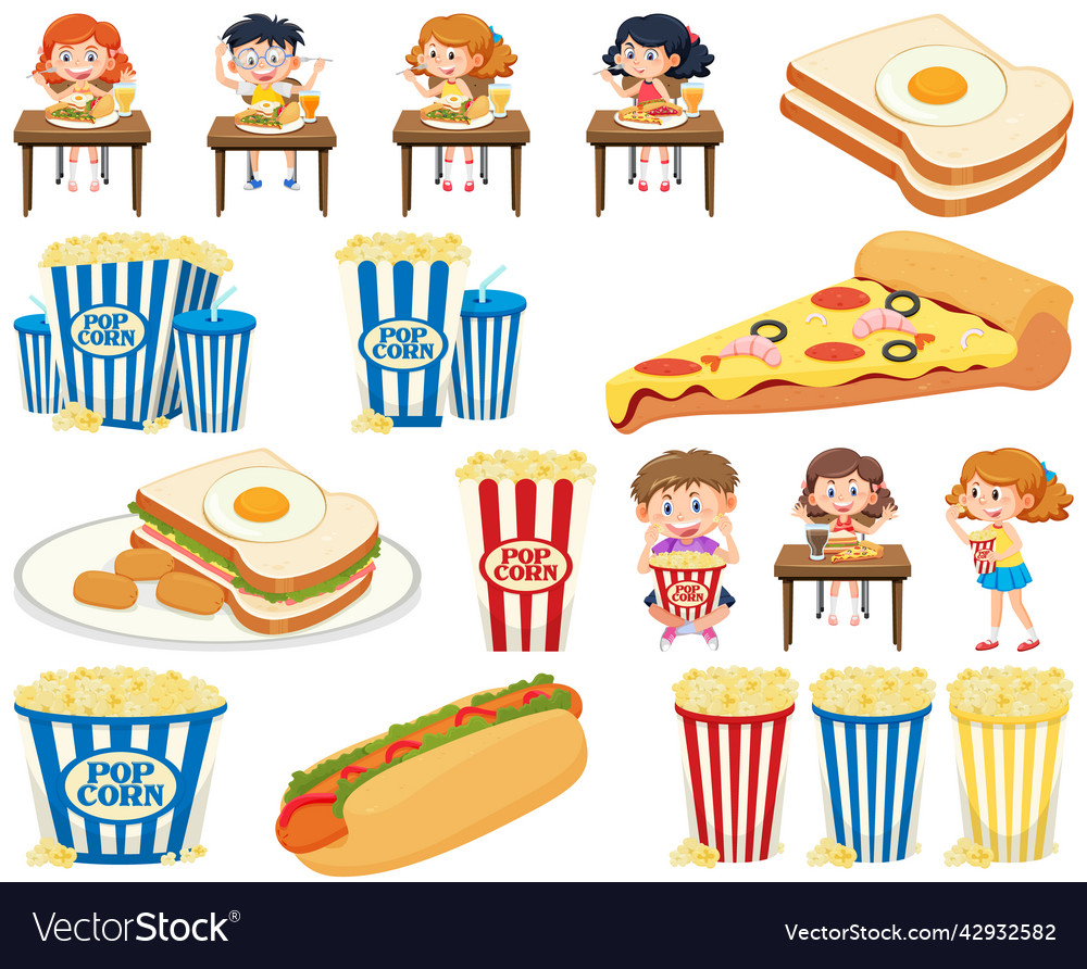 Set of different junk foods and kids Royalty Free Vector