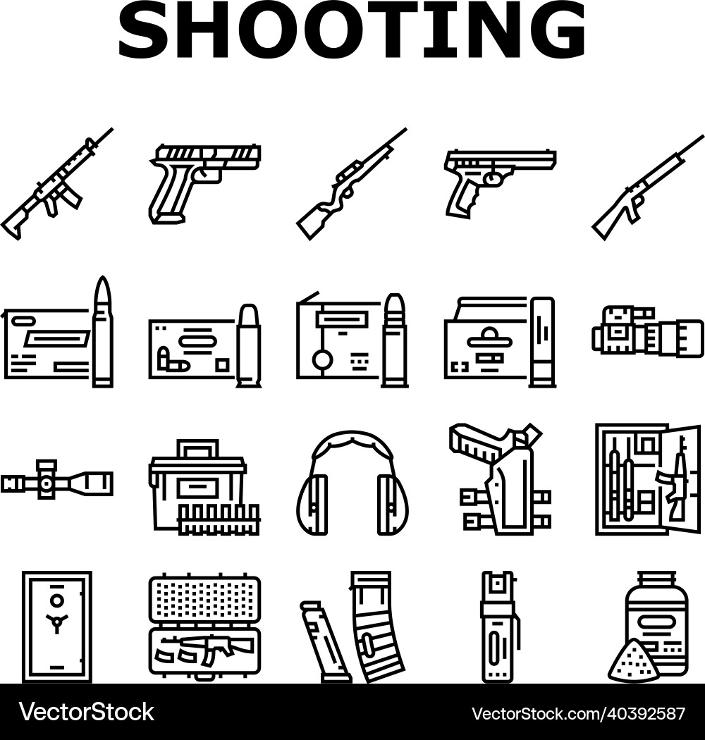 Shooting weapon and accessories icons set Vector Image