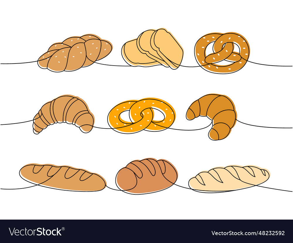 Set of fresh breads one line colored continuous Vector Image Set of fresh breads one line colored continuous Vector Image