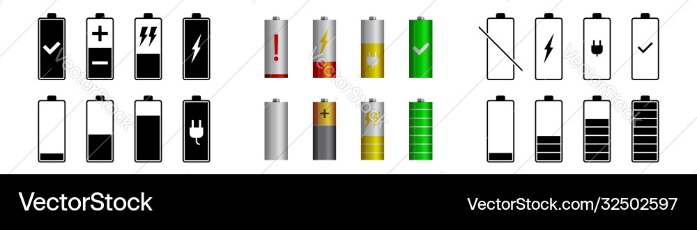 Battery charging icon set 3d and flat icons Vector Image