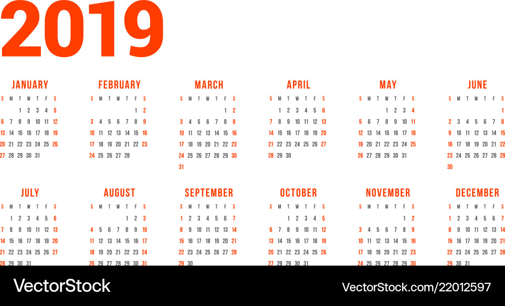 Calendar for 2019 year on white background week Vector Image