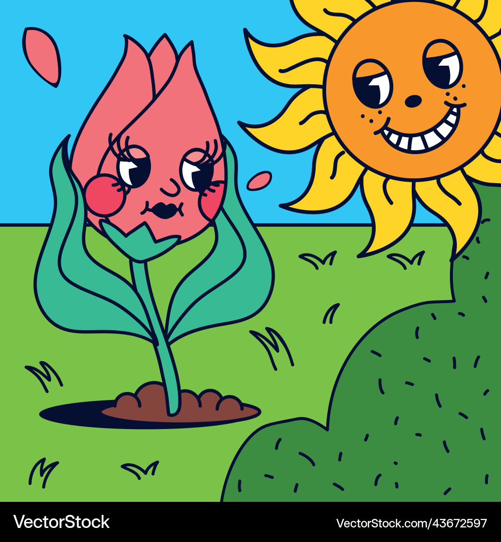 Cartoon sun and flower retro Royalty Free Vector Image