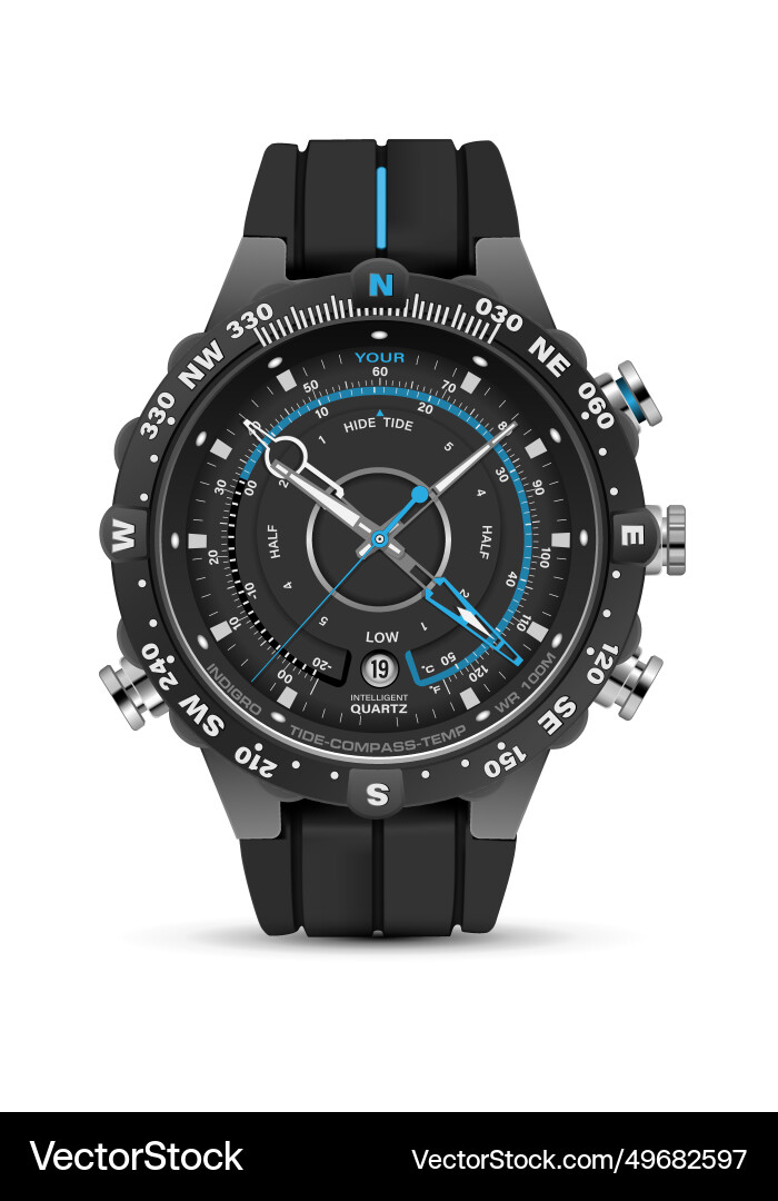 Realistic watch clock chronograph face black blue Vector Image