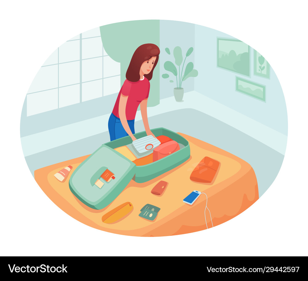 Young woman packing bag flat Royalty Free Vector Image
