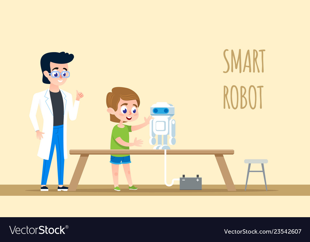 Smart robot programming young teacher with boy Vector Image