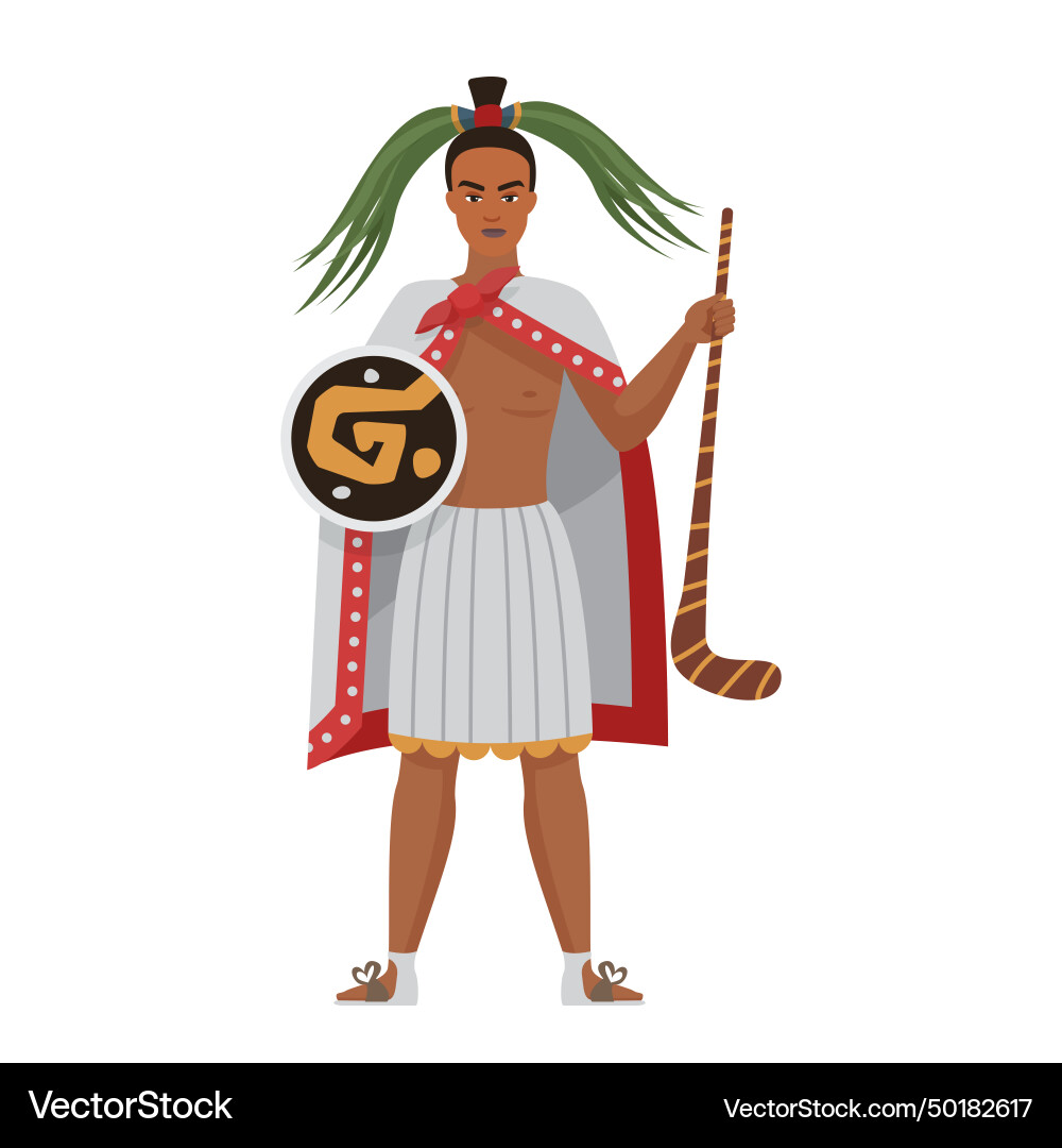 Aztec warrior man in headdress holding shield Vector Image