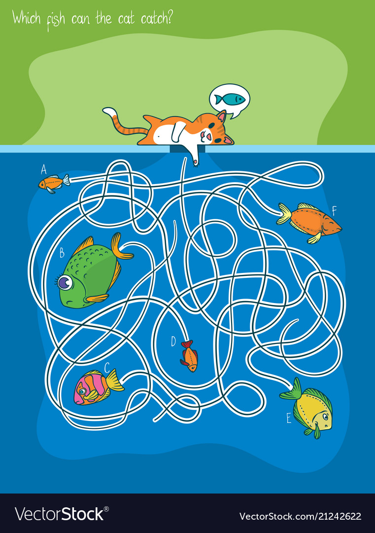 Cat and fishes maze game Royalty Free Vector Image