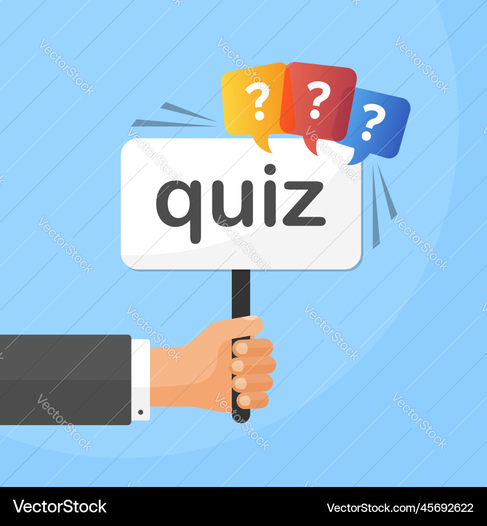 Hand holding placard with quiz text icon in flat Vector Image