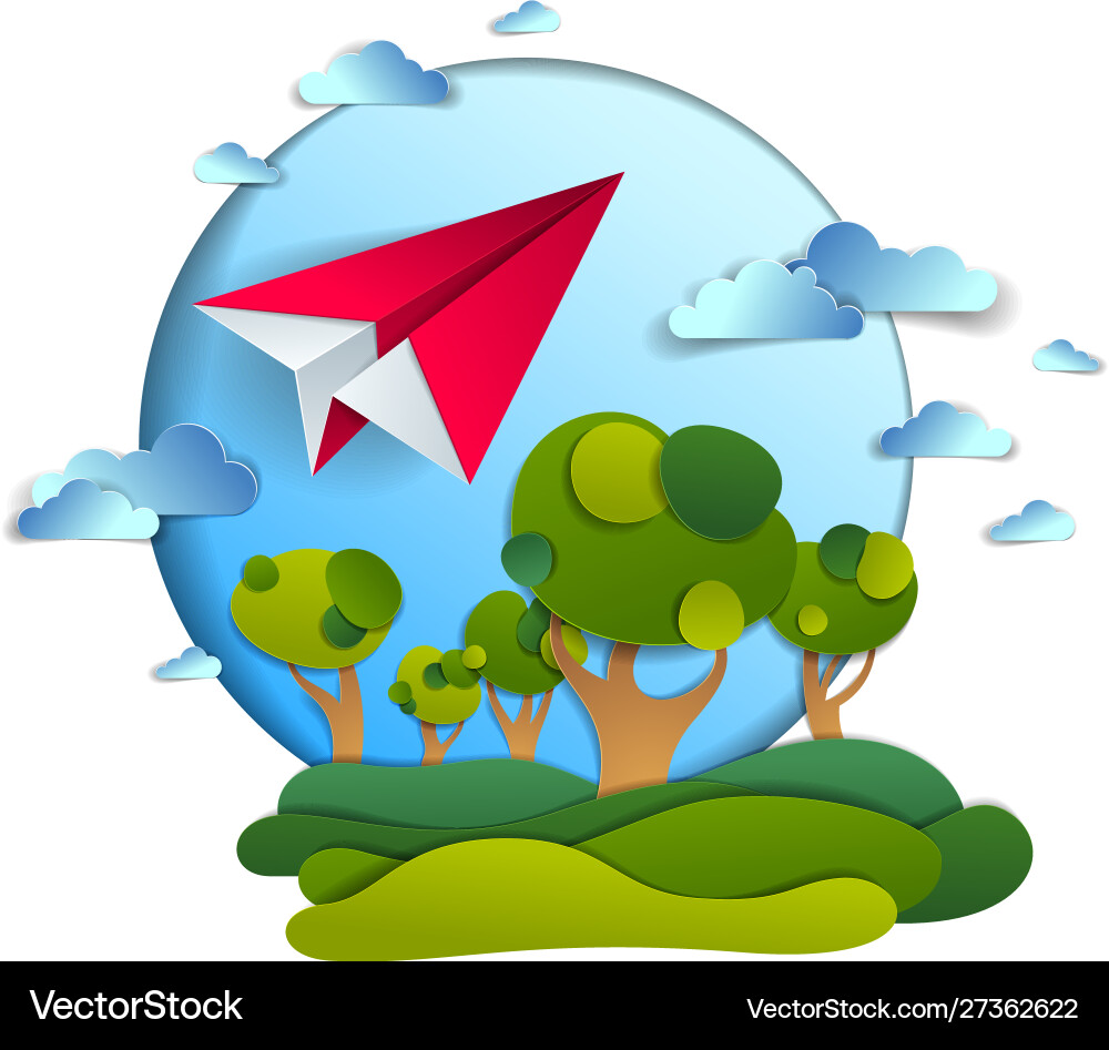 Paper plane flying in cloudy sky over scenic Vector Image
