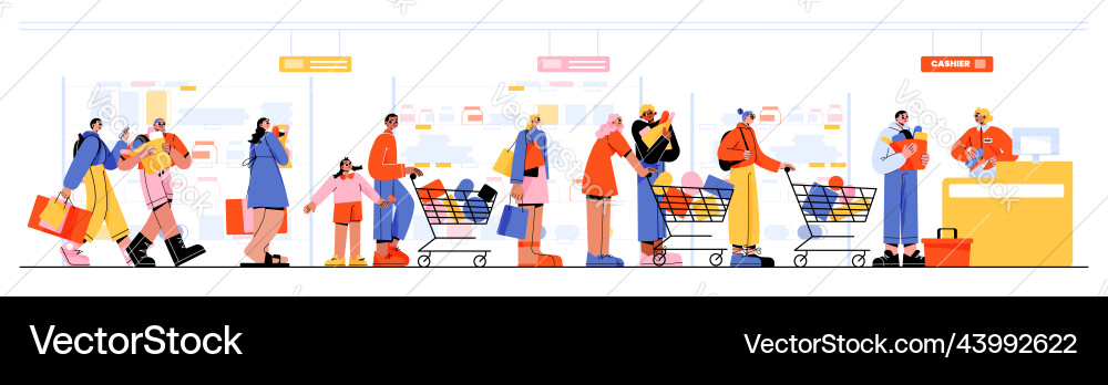 People queue in supermarket customers with goods Vector Image