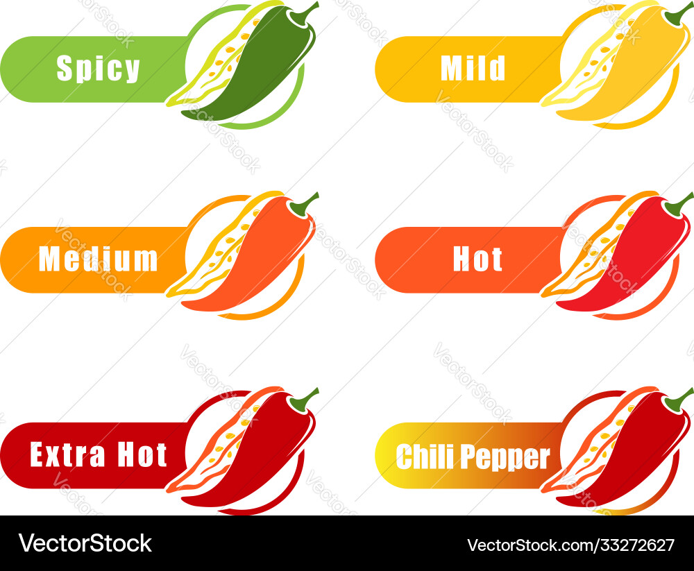 Chili pepper spicy levels labels design elements Vector Image