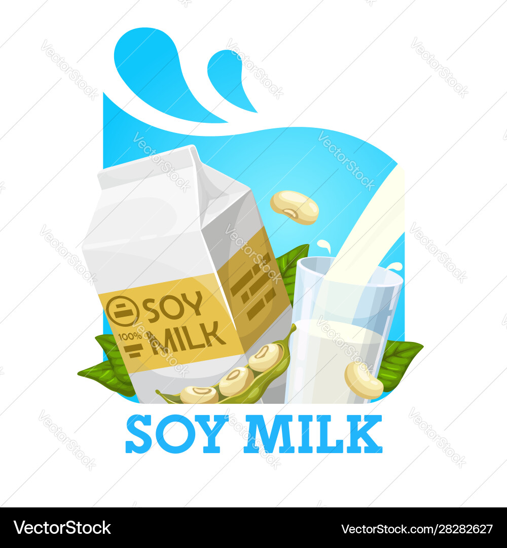 Milk soya soybeans and package isolated label Vector Image