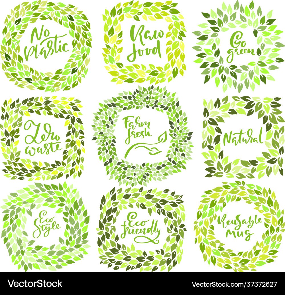 Set ecology green leaves frames eco style Vector Image