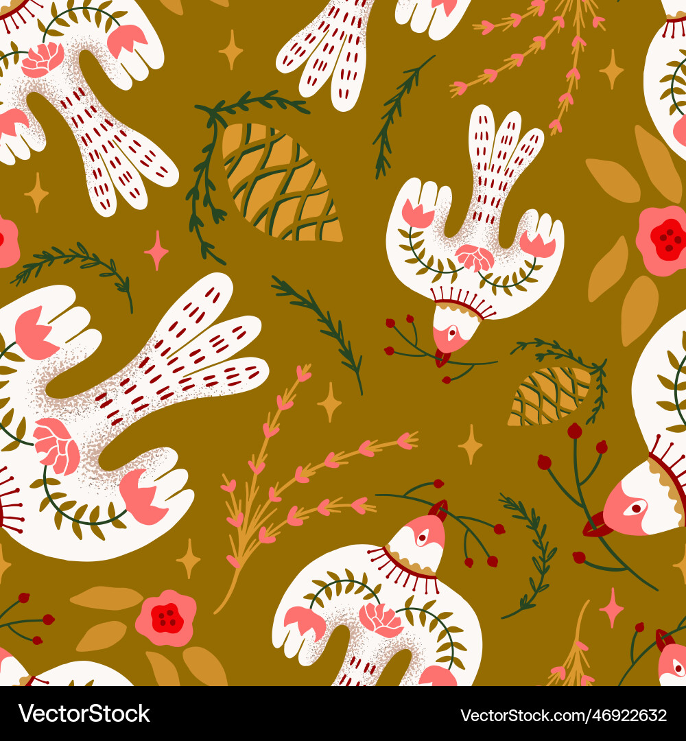 Folk art flying holiday birds seamless pattern Vector Image