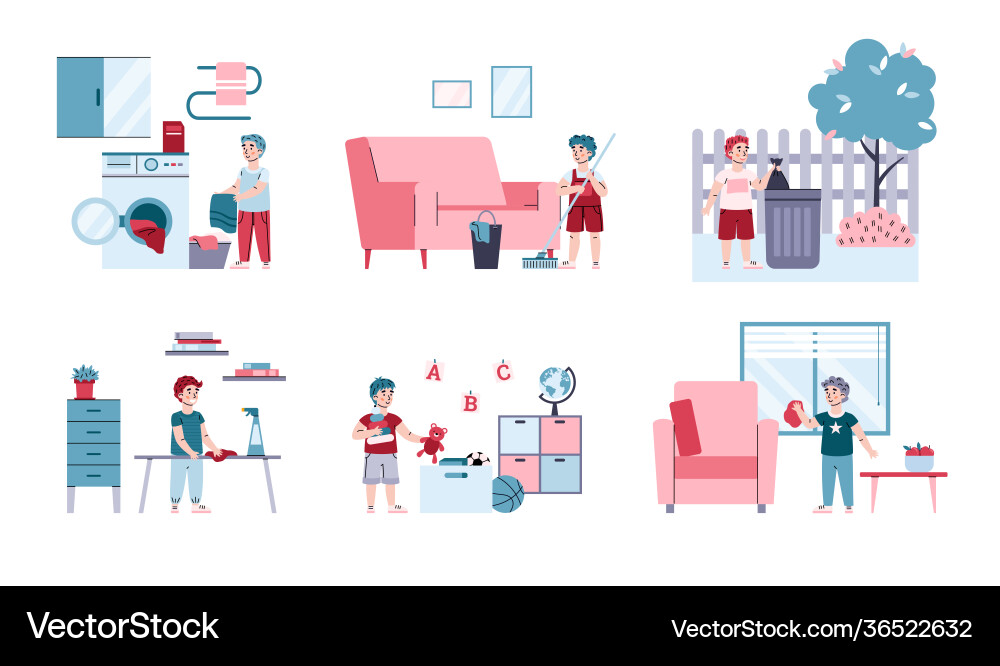 Kid boy busy housework - clean room window Vector Image