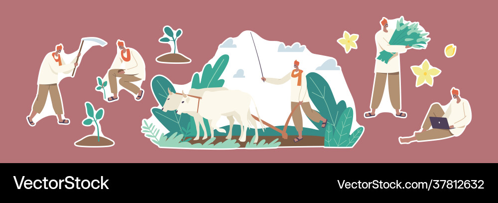 Set stickers indian farmers characters work Vector Image