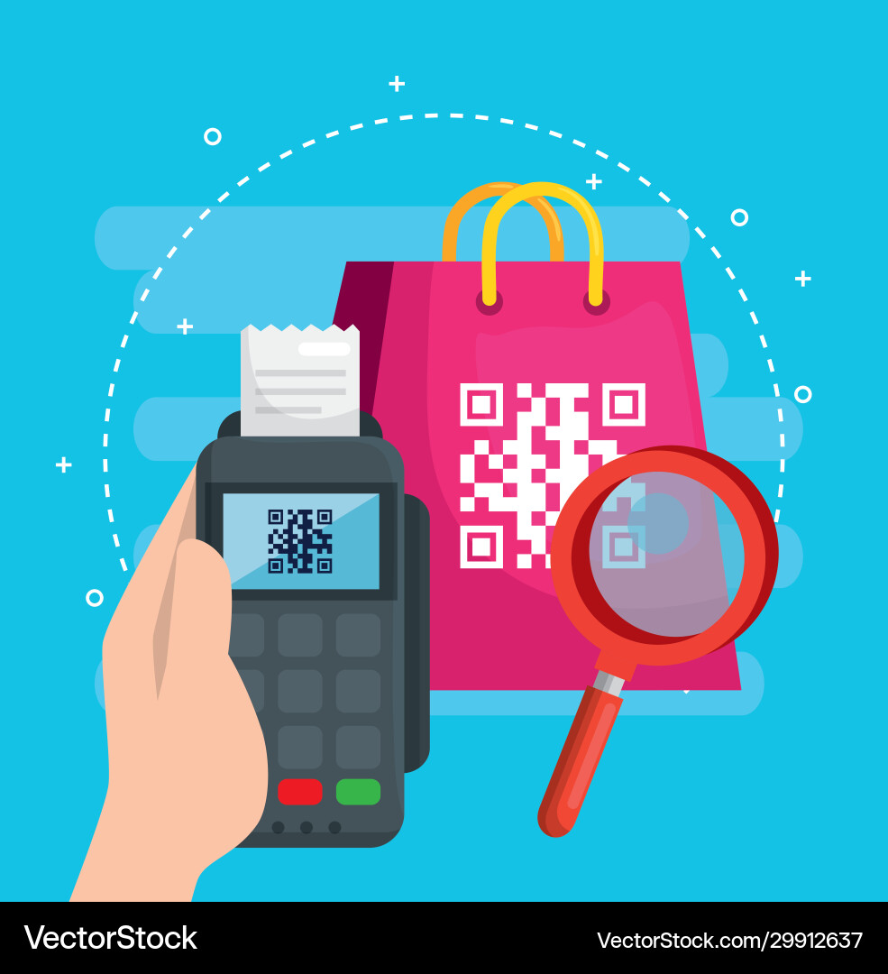 Code qr in bag shopping with icons Royalty Free Vector Image
