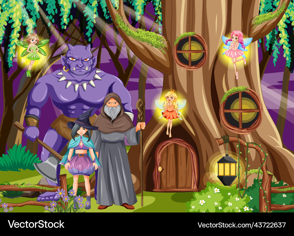 Enchanted scene with medieval cartoon characters Vector Image