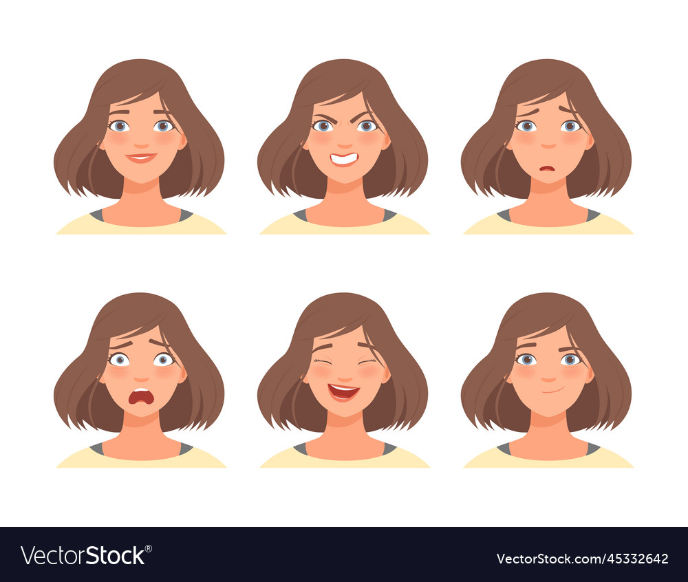 Face Expressions Of Young Beautiful Woman Set Vector Image