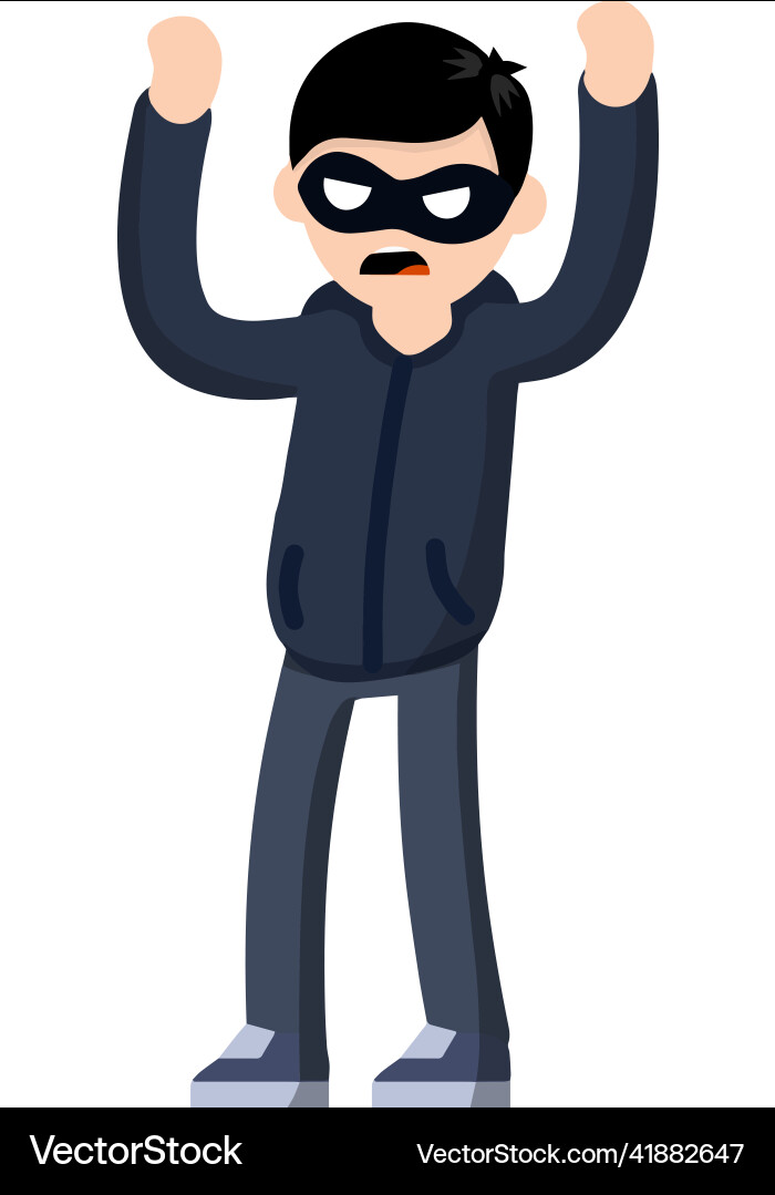 Thief raised hands man in black robber mask Vector Image