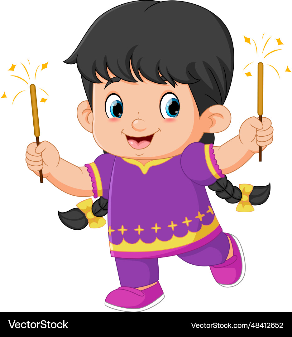 Cute indian girl holding firework character Vector Image
