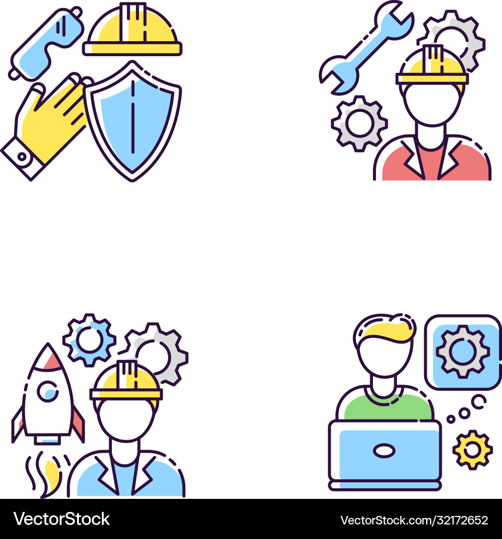 Engineer labor rgb color icons set Royalty Free Vector Image