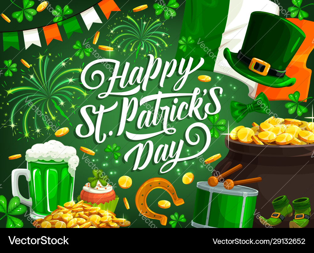 Patrick irish shamrock clover gold fireworks Vector Image