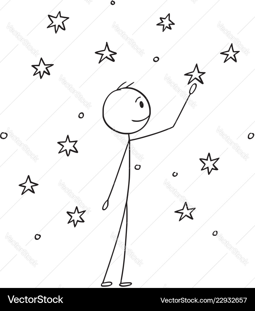 Cartoon man touching stars on sky Royalty Free Vector Image